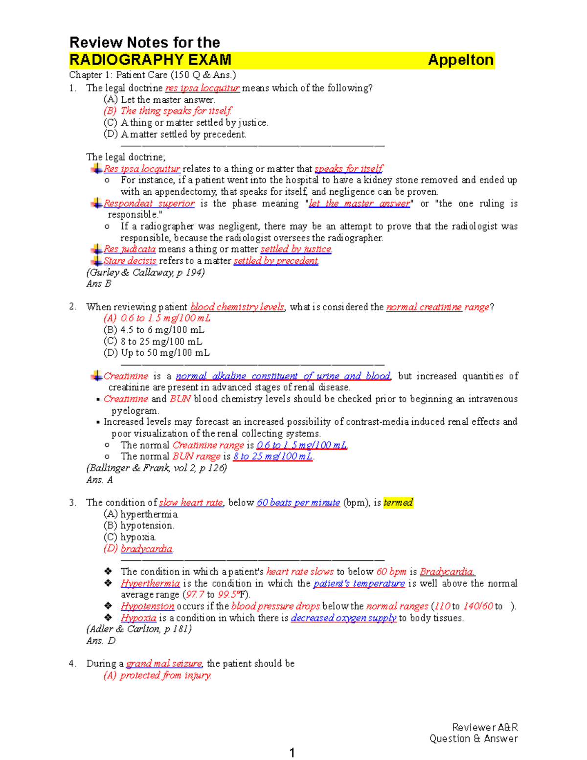 Review Notes for RADIOGRAPHY EXAM: Appleton Chapter 1 - Patient Care ...