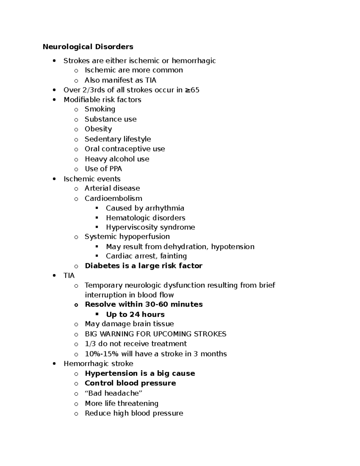 Unit 7 - Overview of Neurological Disorders and Strokes - Studocu