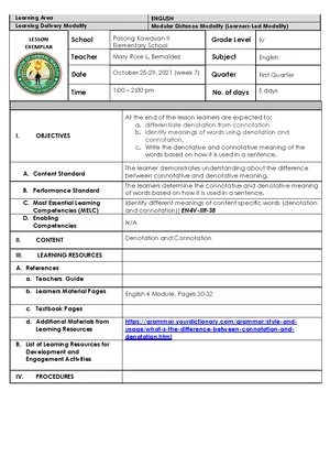 English 4- Lesson Exemplar- WEEK 3 - I. OBJECTIVES At the end of the lesson learners are ...