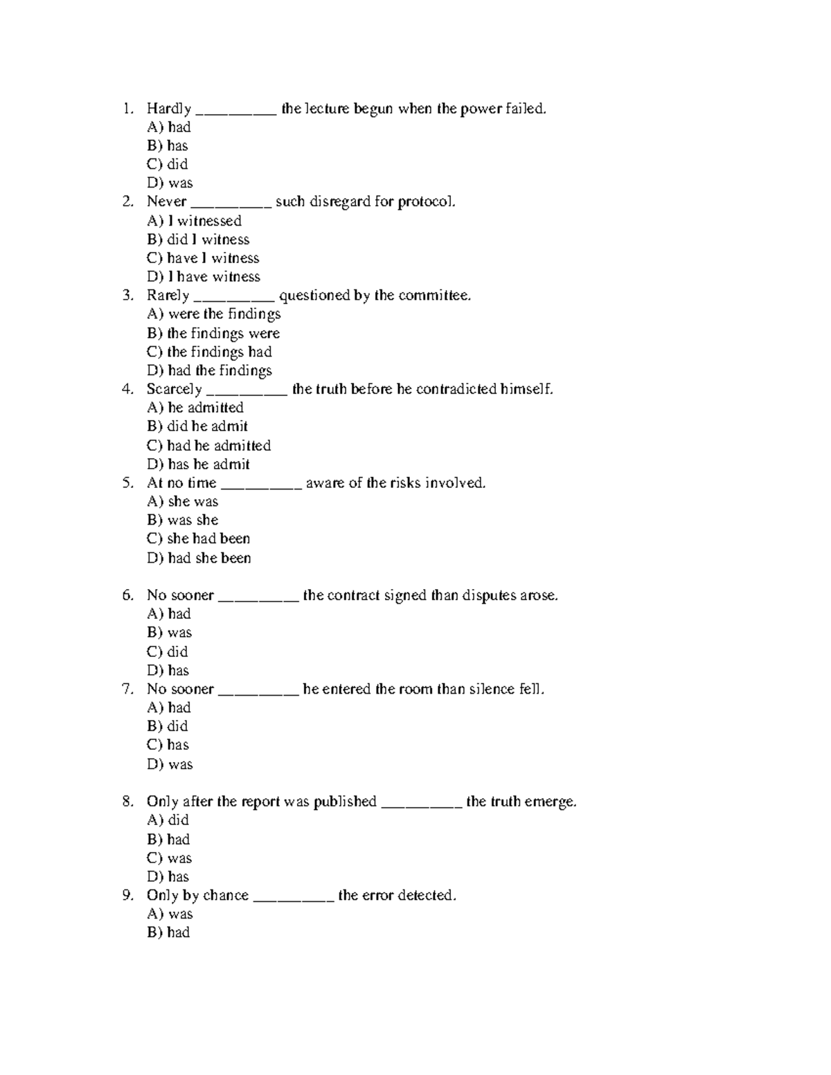 Inversion Test: Negative Adverbials and Conditional Structures - Studocu