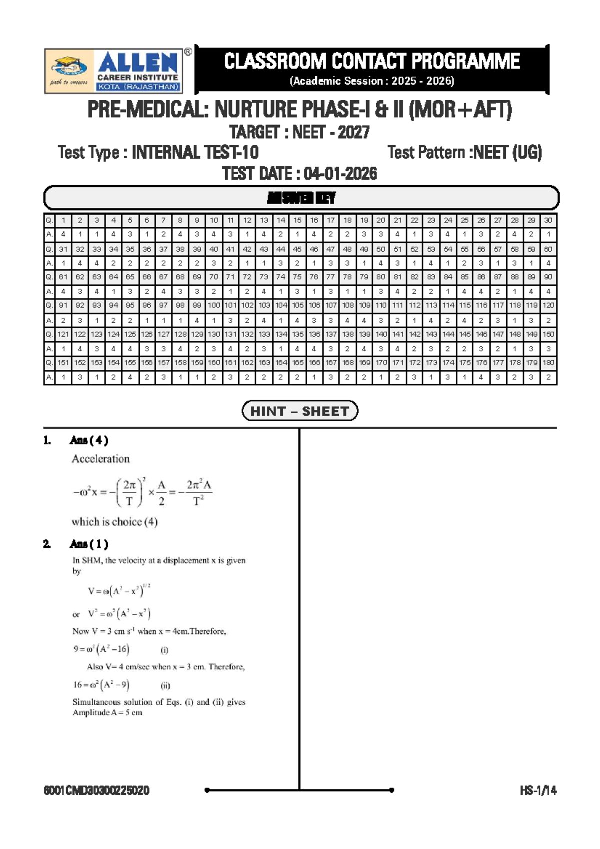 NURTURE II INTERNAL NEET 2027 Test Answer Key & Solutions - Studocu