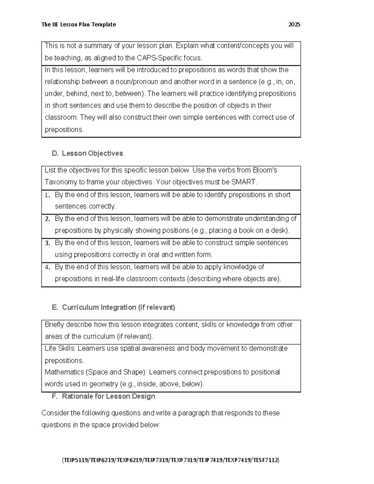 IIE Lesson Plan Template 2025: Teaching Prepositions in Grade 3 - Studocu