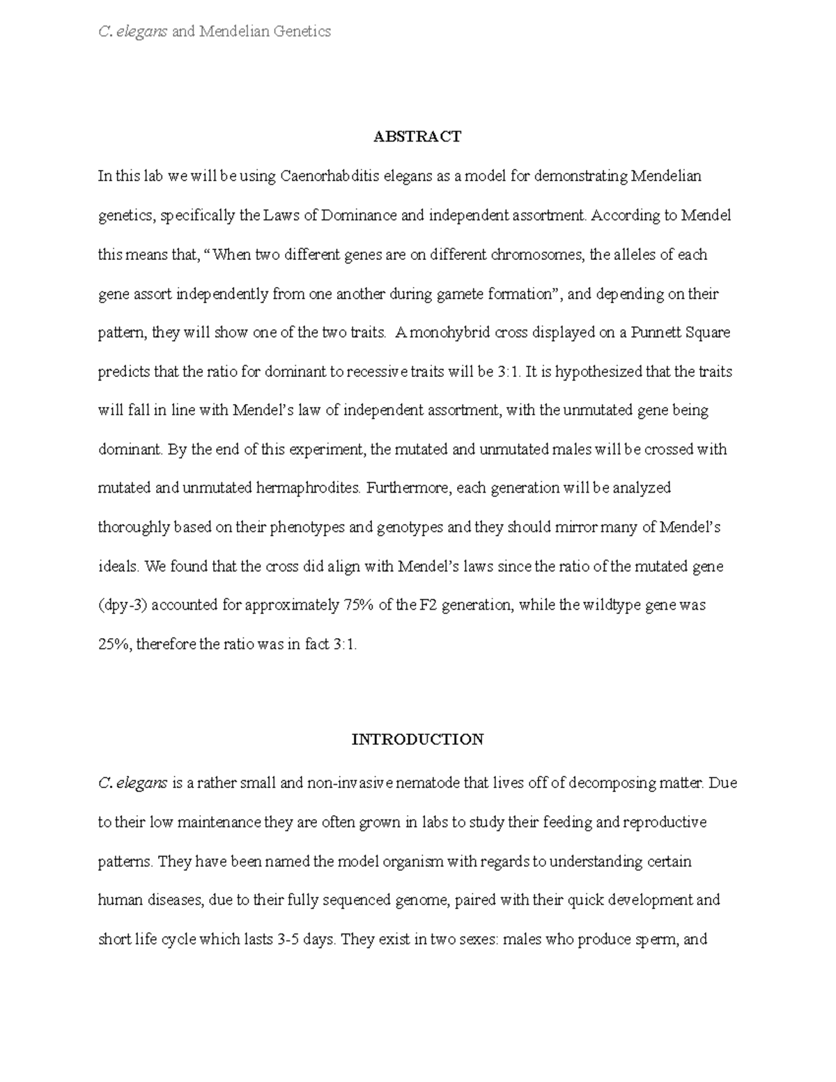 C. Elegans Lab Report: Mendelian Genetics Analysis - BIOL 1001 - Studocu