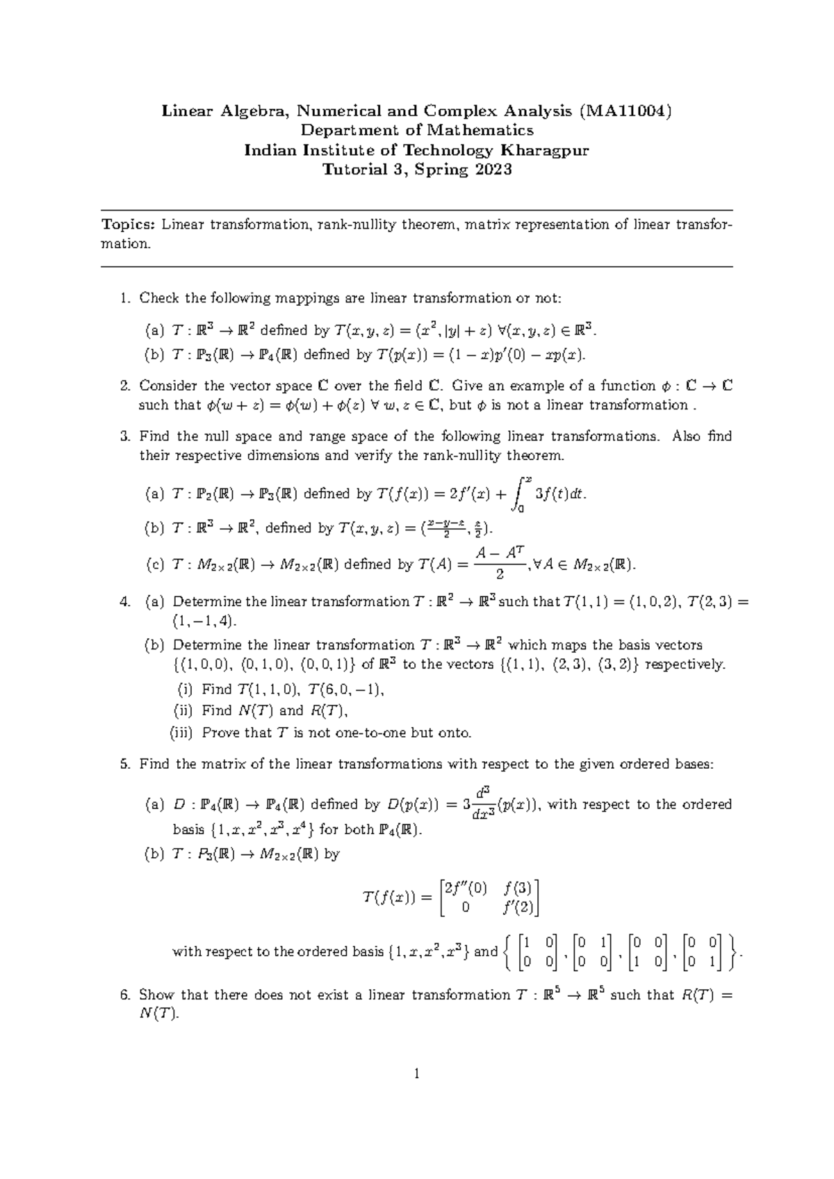 Linear Algebra Tutorial 3: Linear Transformations (MA11004) - Studocu