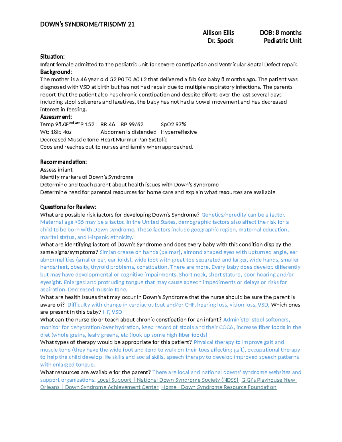 PEDS 101: Down Syndrome Assessment & Care Strategies - Studocu