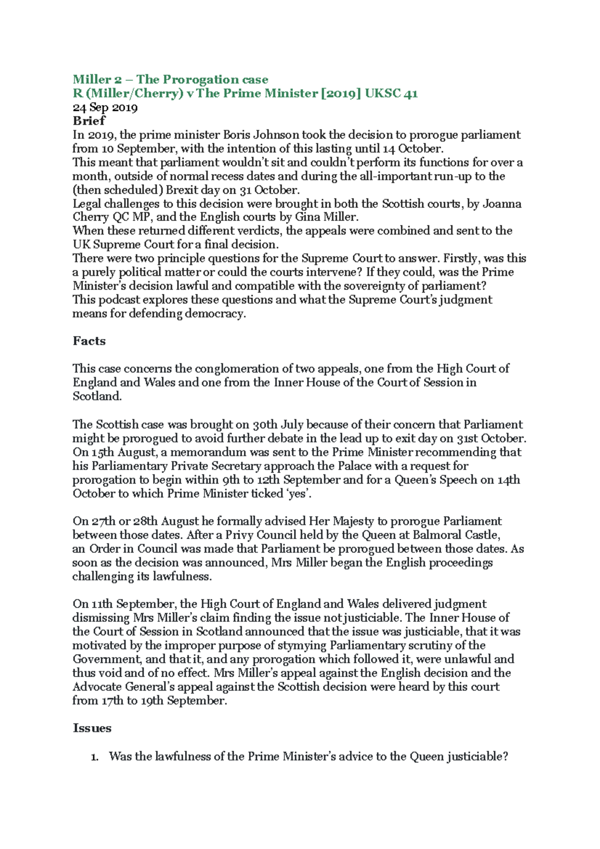 Miller 2 - Case Analysis: The Supreme Court's Ruling on Prorogation ...