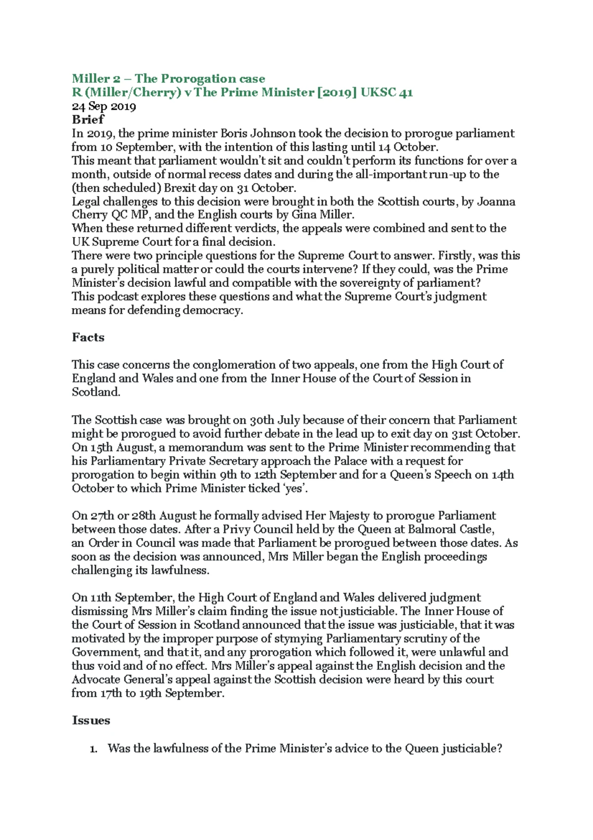 Miller 2 - Case Analysis - Miller 2 – The Prorogation case R (Miller ...