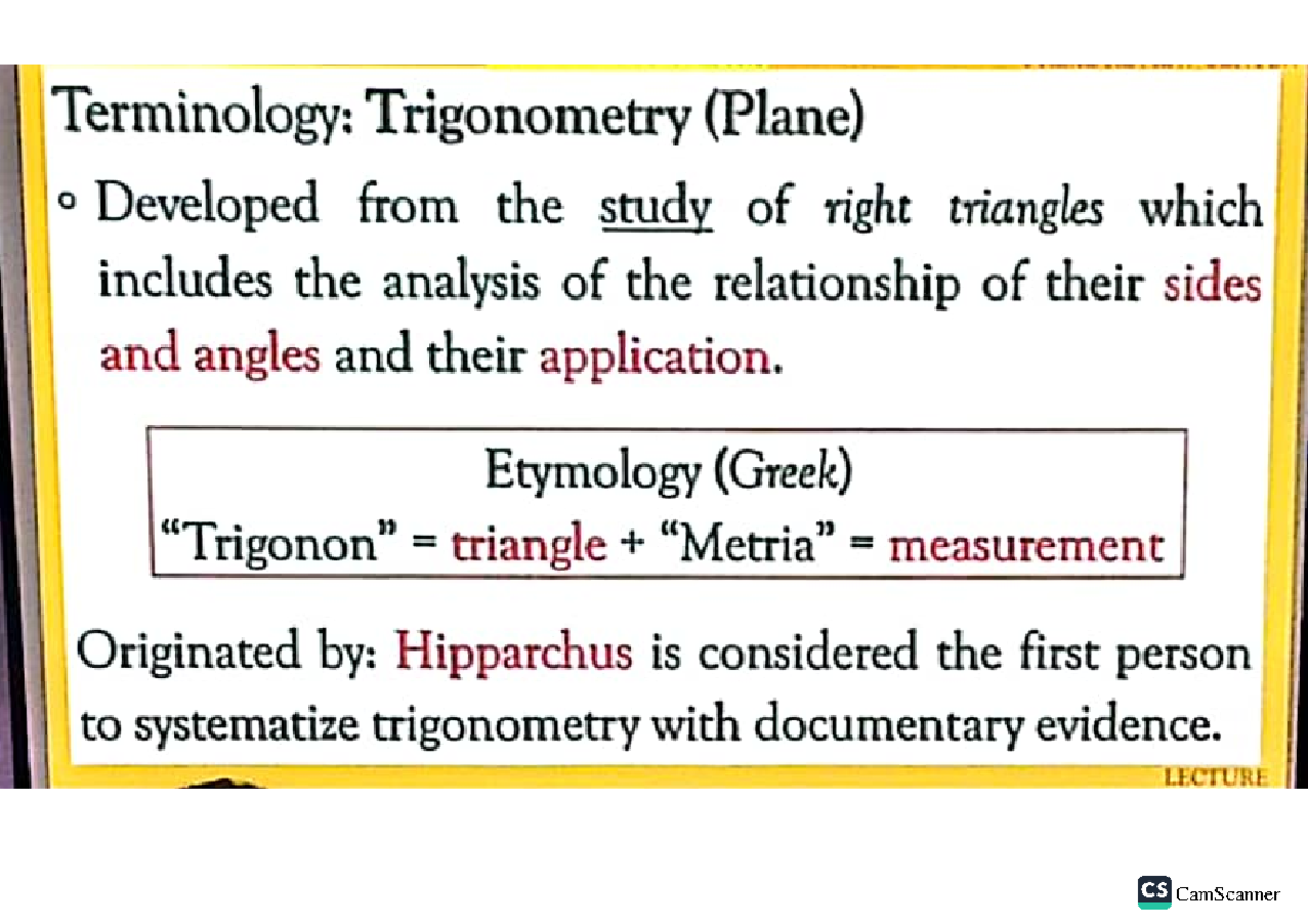 Trigonometry - for review - Terminology: Trigonometry (Plane) Developed ...