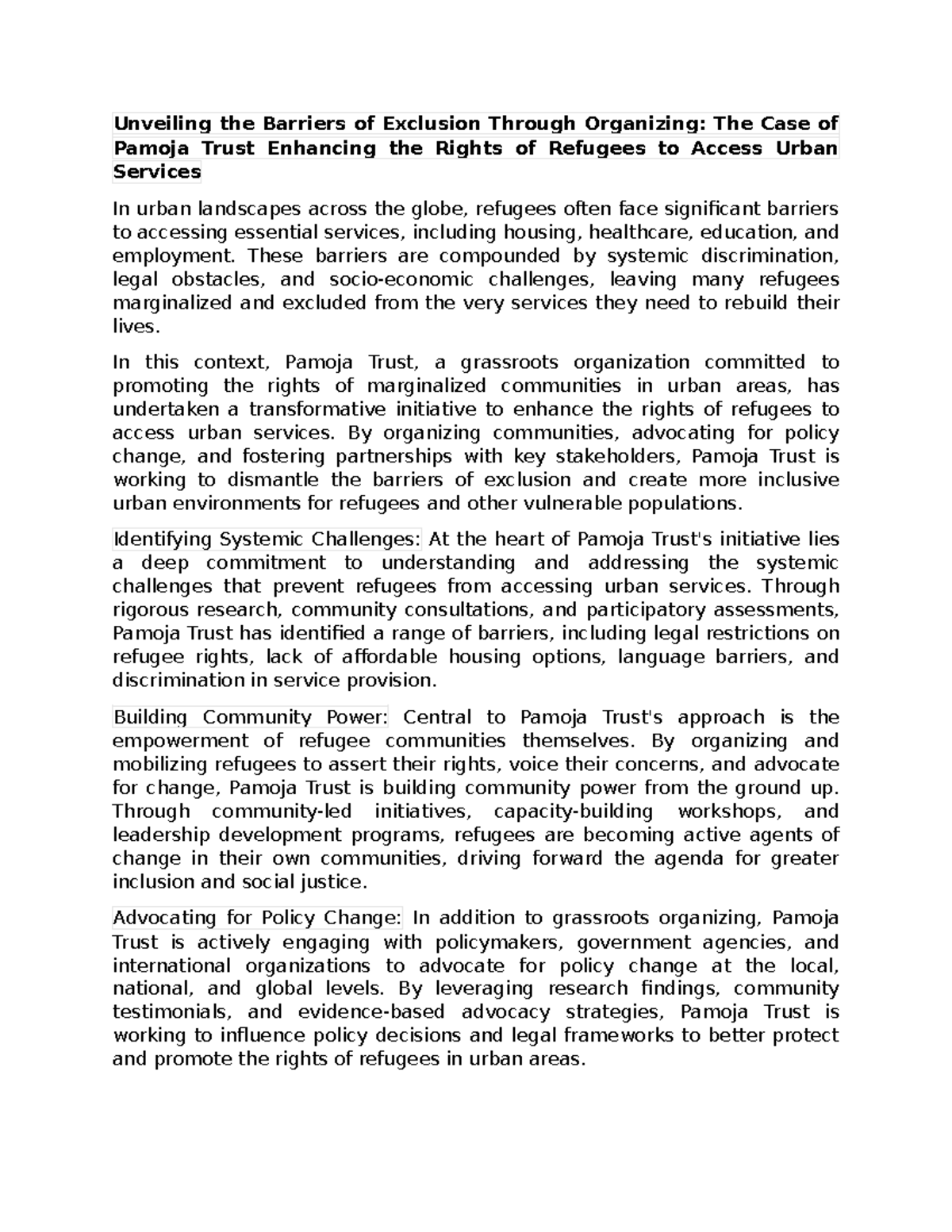 Pamoja Trust Case Study: Enhancing Refugee Rights in Urban Services ...
