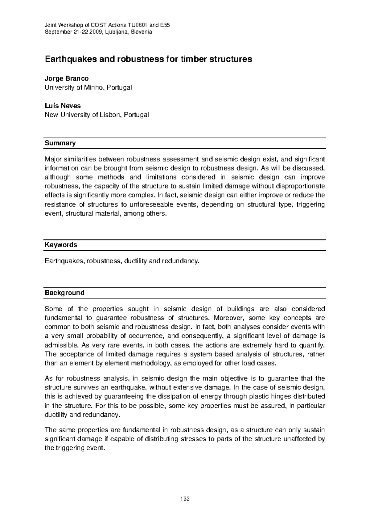 COST TU0601 & E55 Workshop: Earthquake Resilience in Timber Structures - Studocu
