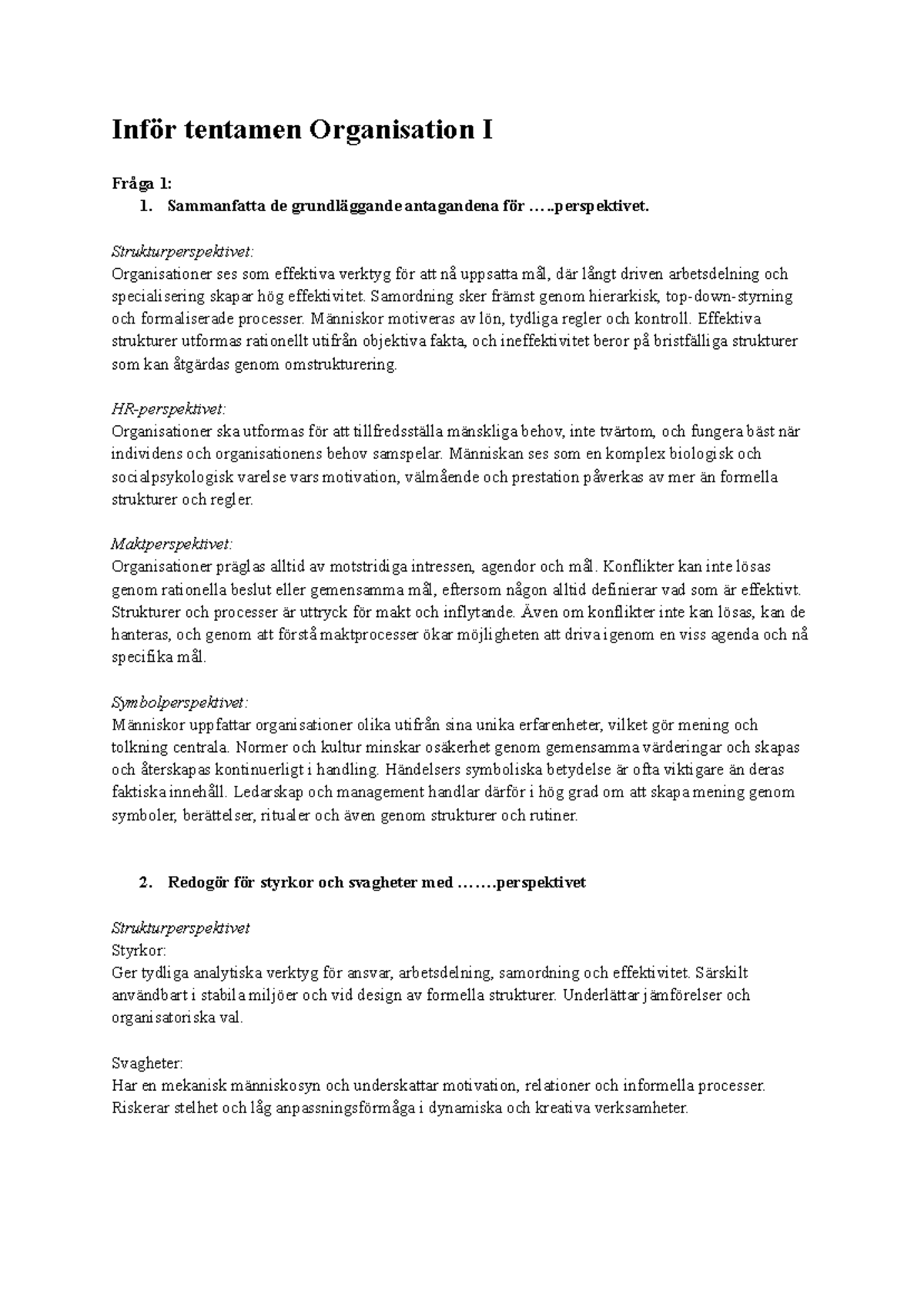 Inför tentamen Organisation I: Struktur-, Makt- och Symbolperspektiv ...