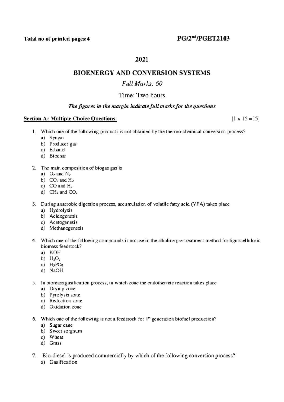 PGET2103 Final Exam Questions: Bioenergy & Conversion Systems - Studocu