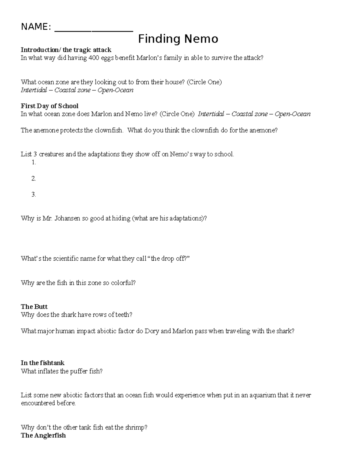 Finding Nemo Worksheet & Ocean Zone Adaptations Activities - Studocu