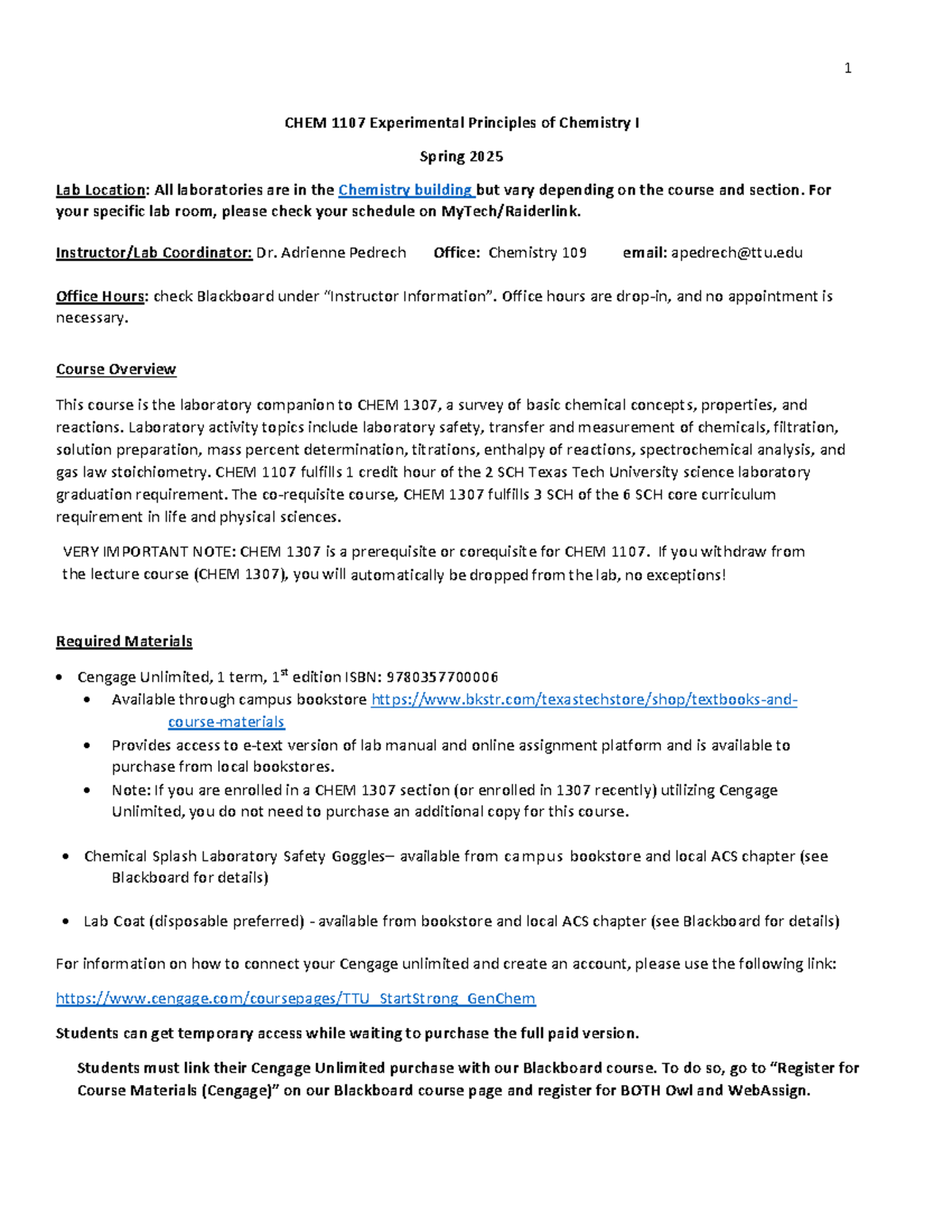 Spring 2025 CHEM 1107 Lab Syllabus: Experimental Principles of ...