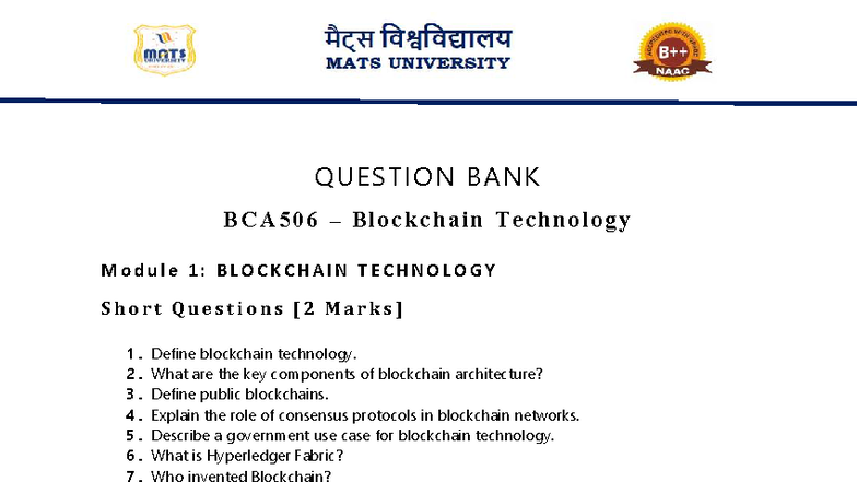 Question Bank BCA506: Blockchain Technology Short & Long Questions ...