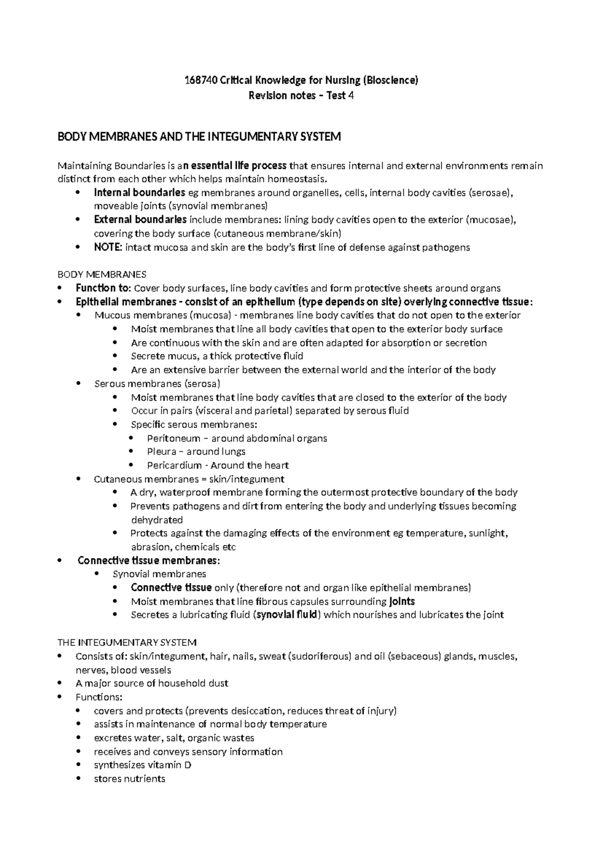 Revision Notes for 168740 Test 4: Body Membranes & Integumentary System ...