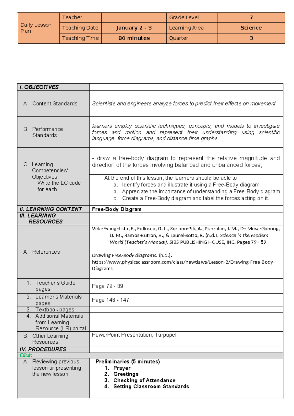 Grade 7 Science Lesson Plan: Free-Body Diagram (3rd Quarter) - Studocu
