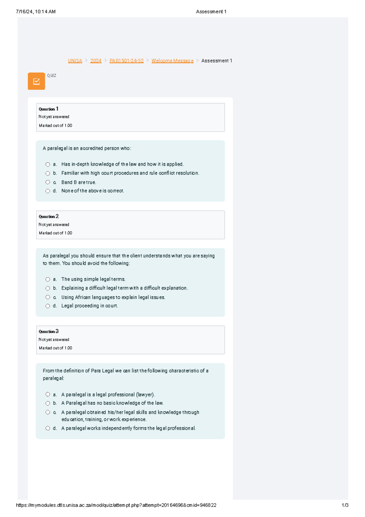 Assessment 1 Quiz - Paralegal Concepts UNISA 2024 - Studocu