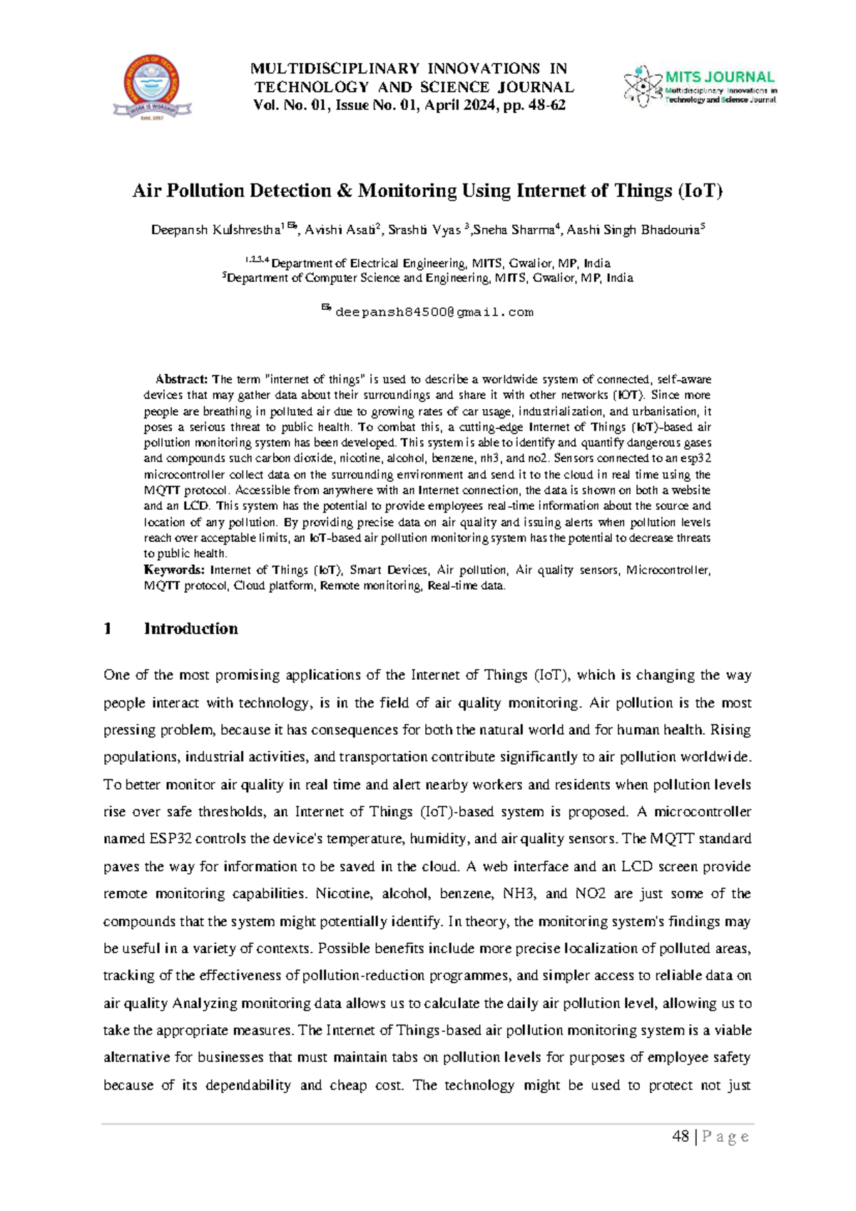 Air Pollution Monitoring Using IoT: A Case Study (MITS EE & CSE) - Studocu