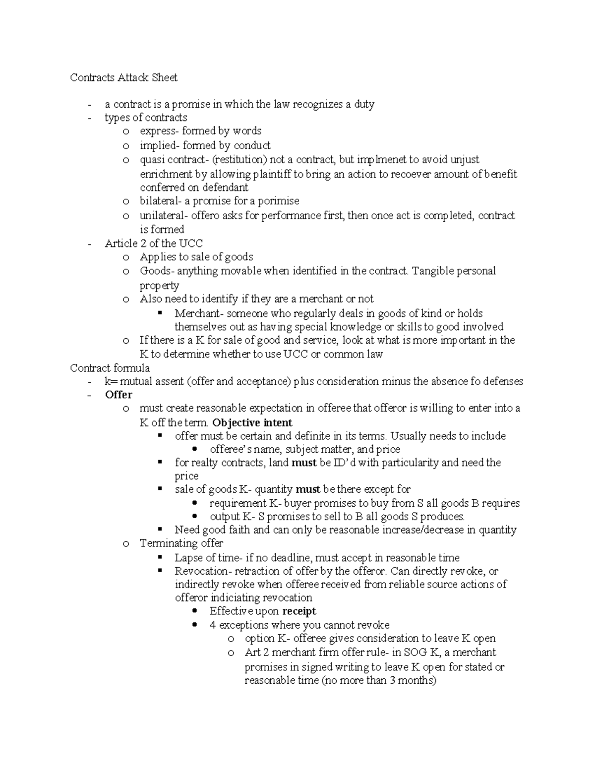 Contracts Attack Sheet: Key Concepts and UCC Overview - Studocu