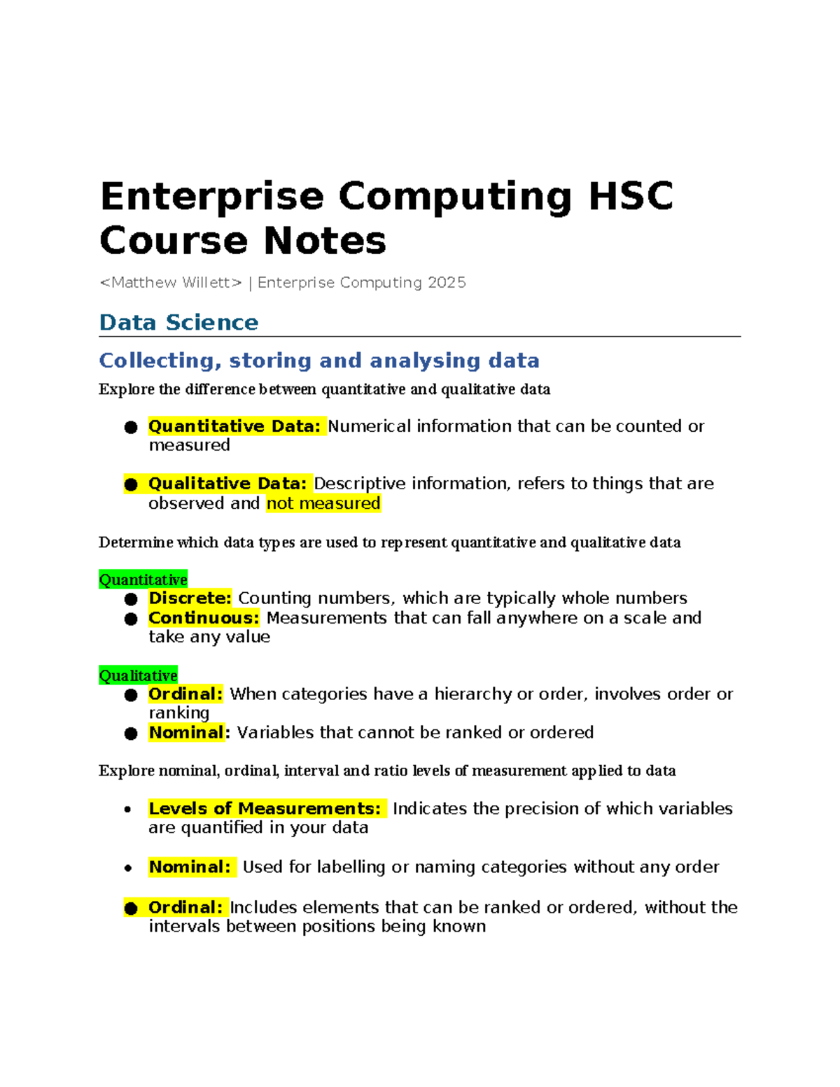 Enterprise Computing HSC 2025: Data Science Course Notes - Studocu