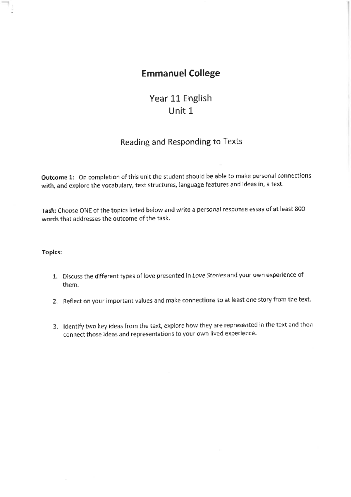 Emmanuel College Year 11 English Unit 1: Personal Response Essay on ...