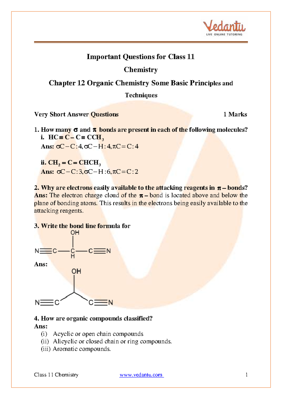 Important Questions for Class 11 Chemistry: Chapter 12 Organic ...