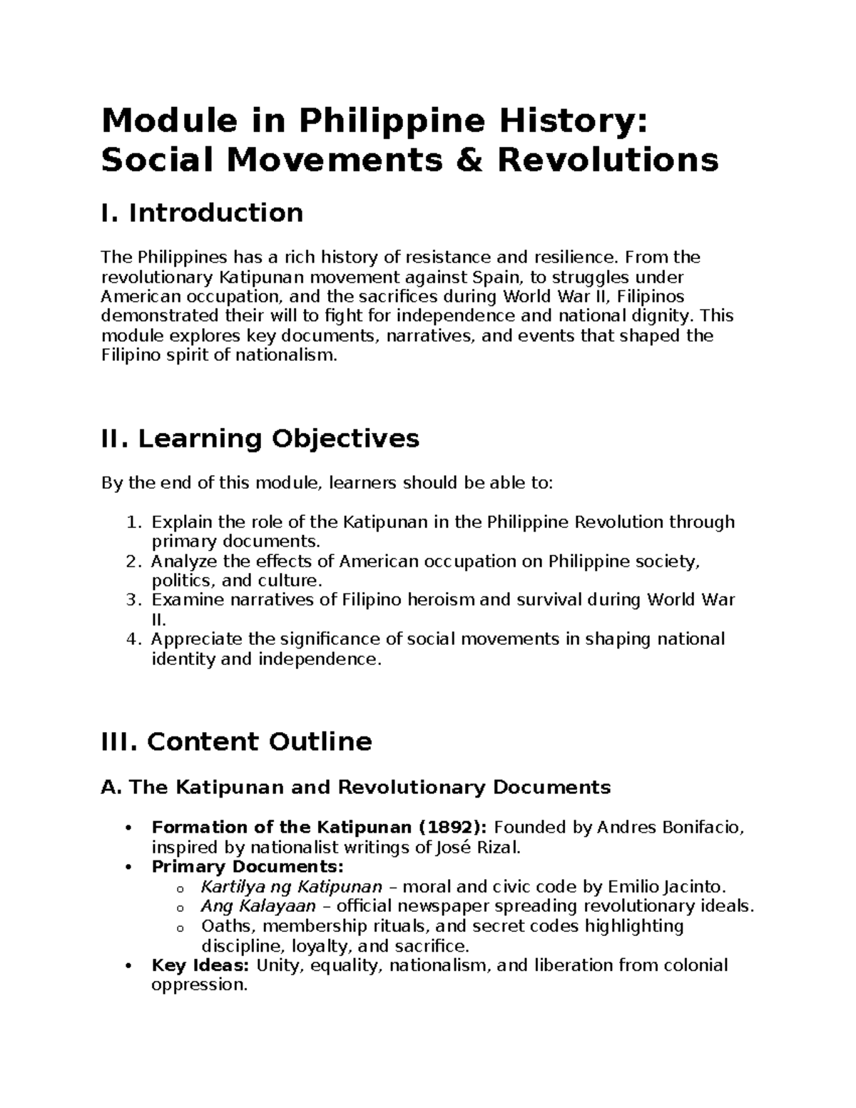 Module 6: Social Movements & Revolutions in Philippine History - Studocu