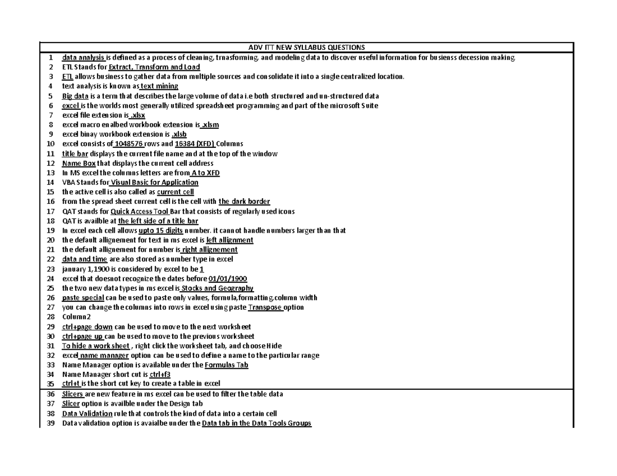 ADV ITT NEW SYLLABUS: Data Analysis & Excel Functions Overview - Studocu