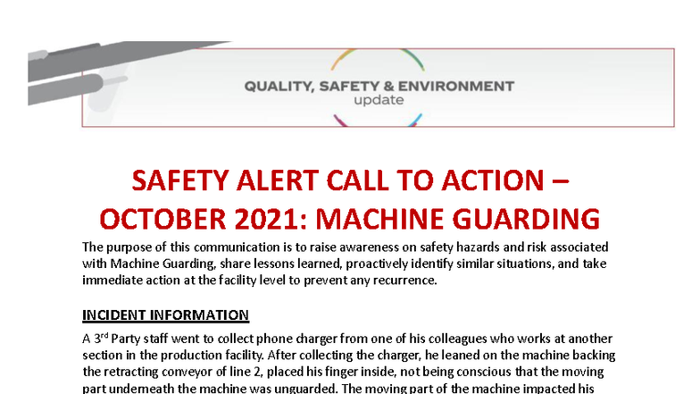 SAFETY ALERT: Machine Guarding Risks & Call to Action (Oct 2021) - Studocu