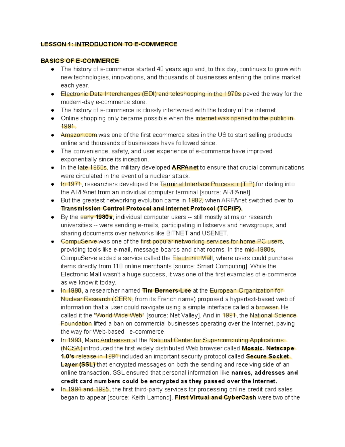 Ecomm Reviewer - LESSON 1: INTRODUCTION TO E-COMMERCE BASICS OF E-COMMERCE The history of - Studocu