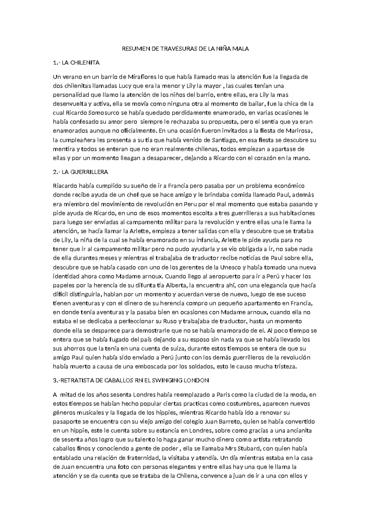 Resumen de 'Travesuras de la Niña Mala': Análisis y Temas Clave - Studocu