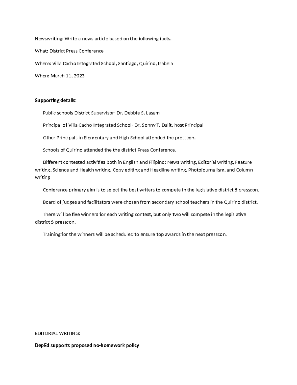 Newswriting Activity: District Press Conference Overview - Studocu