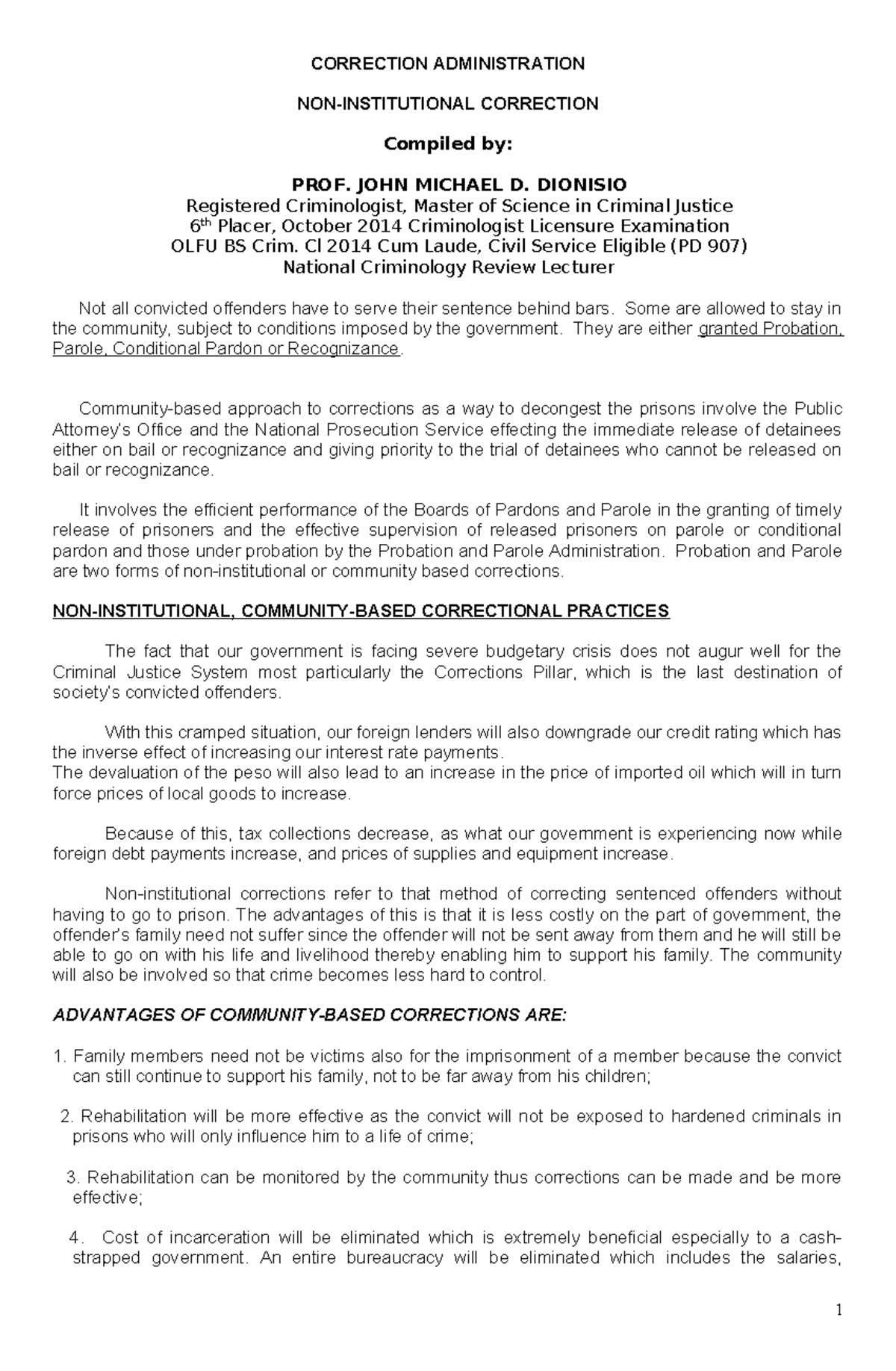 CRIM 101: Non-Institutional Corrections Overview and Practices - Studocu