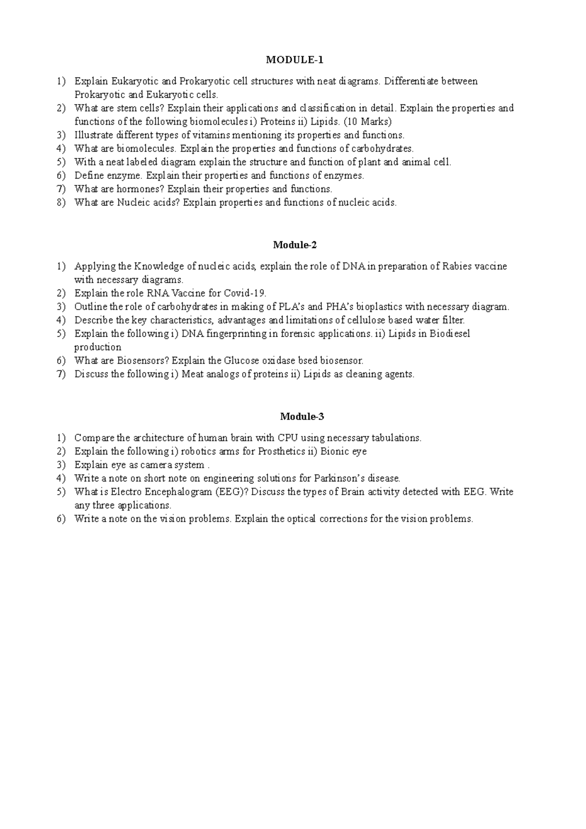 Biology for Engineers (BBOK407) - Key Questions for Modules 1-3 - Studocu