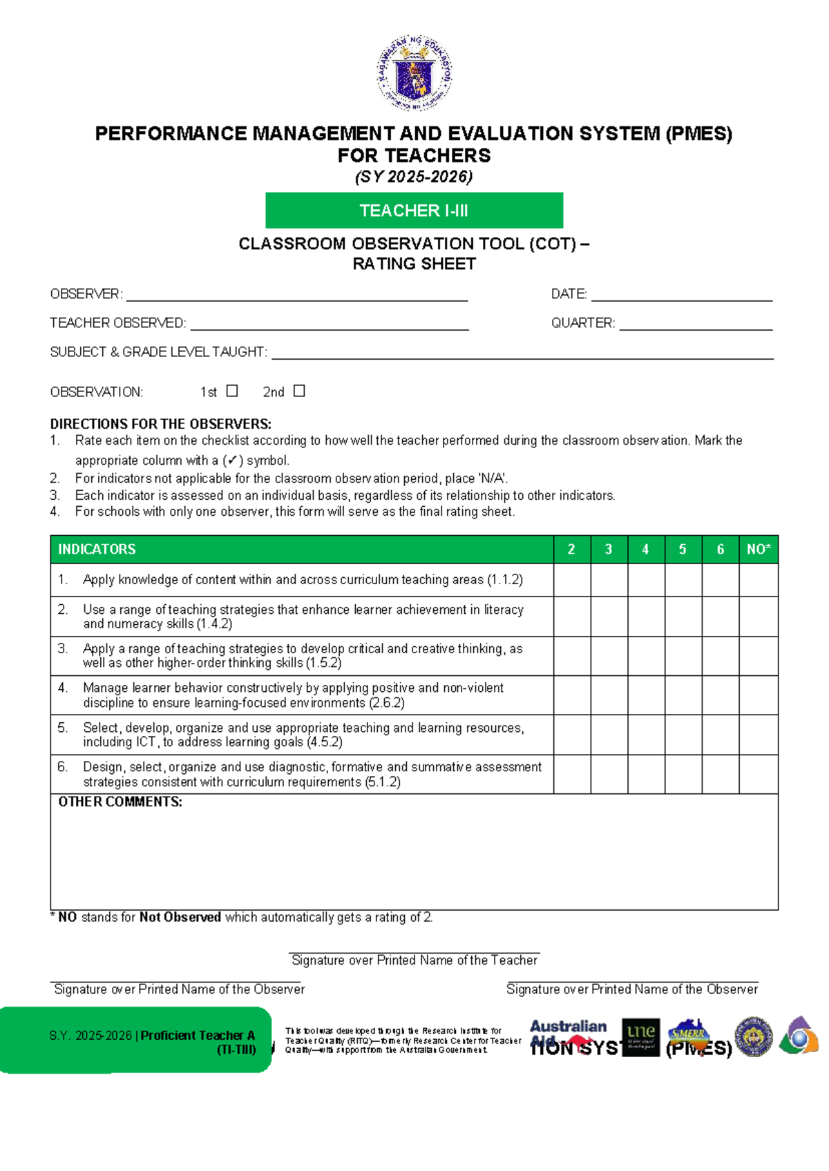 COT 2 Rating Sheet for Beginning to Proficient Teacher TI TIII - Studocu