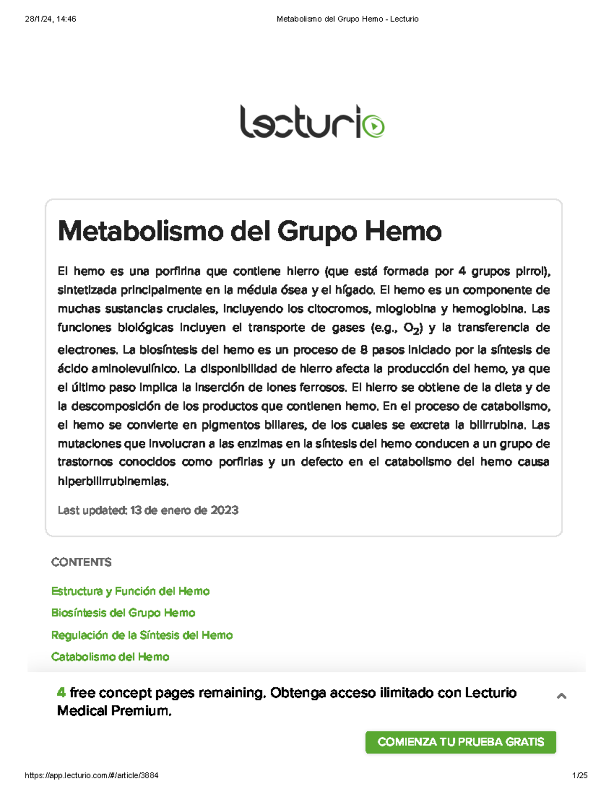 Metabolismo del Grupo Hemo - Lecciones Importantes y Resumen - Studocu