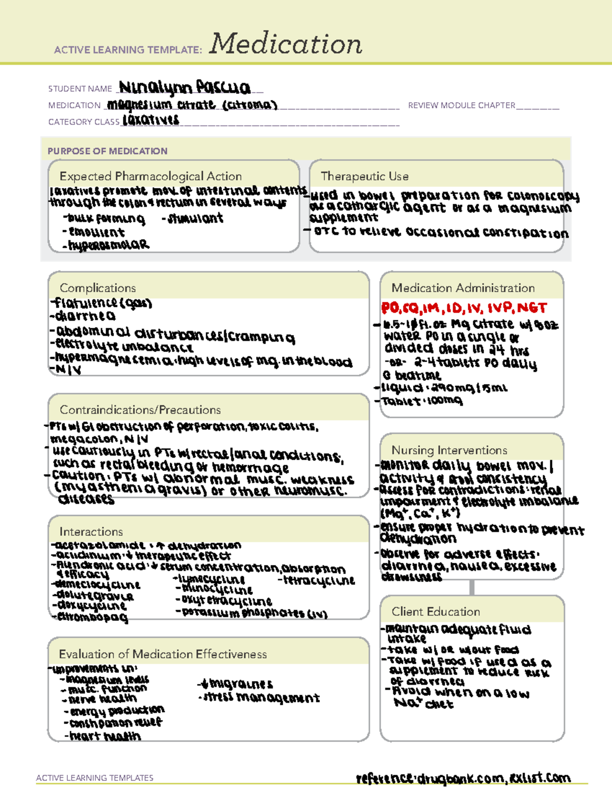 WK 6 - Medication Cards: Magnesium Citrate Overview and Nursing ...