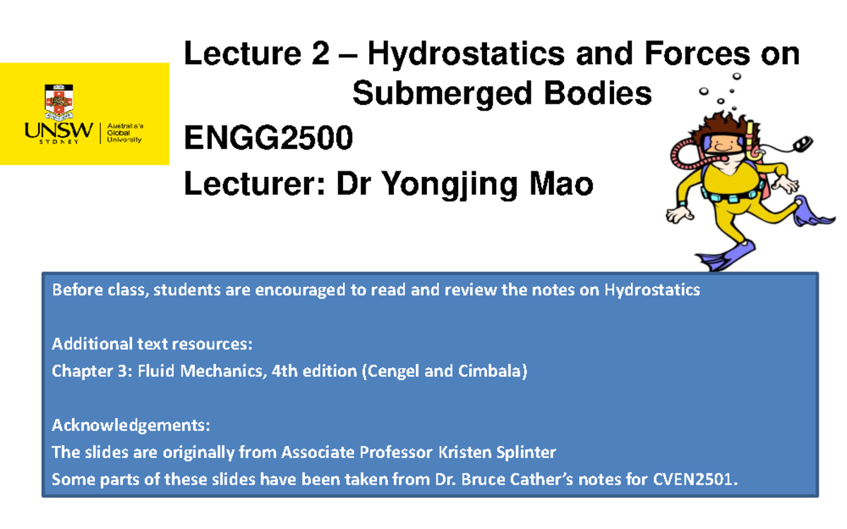 Lecture 2: Hydrostatics & Forces on Submerged Bodies ENGG2500 - Studocu