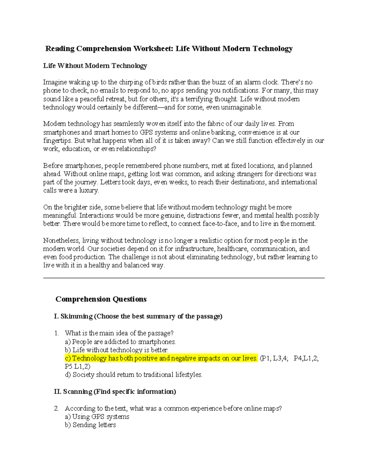 Reading Comprehension Worksheet: Life Without Modern Tech - Studocu