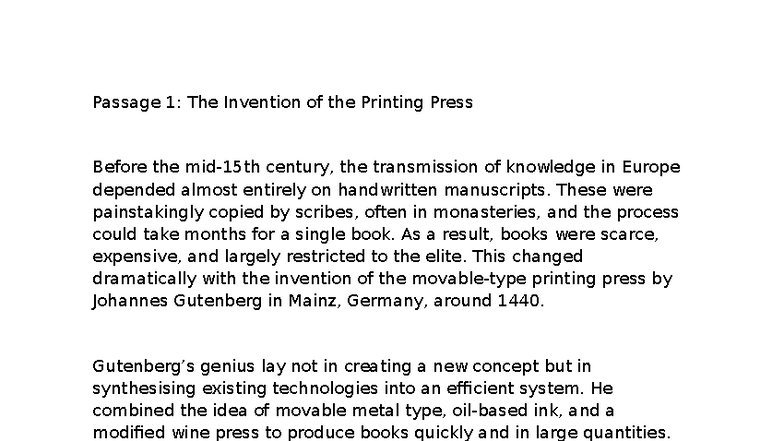 Passage 1: The Invention of the Printing Press and Its Impact - Studocu