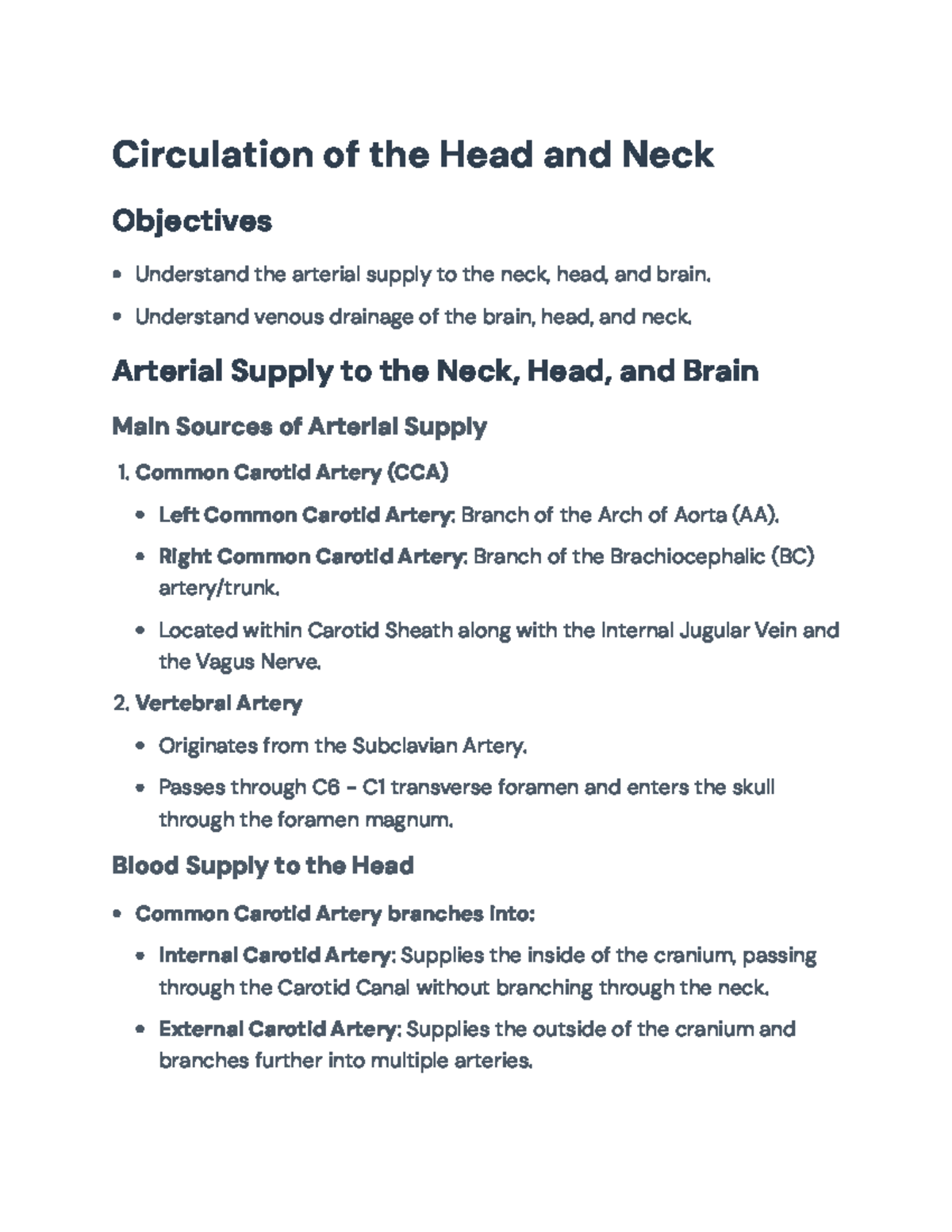 Circulation of the Head and Neck: Arterial and Venous Supply Overview ...