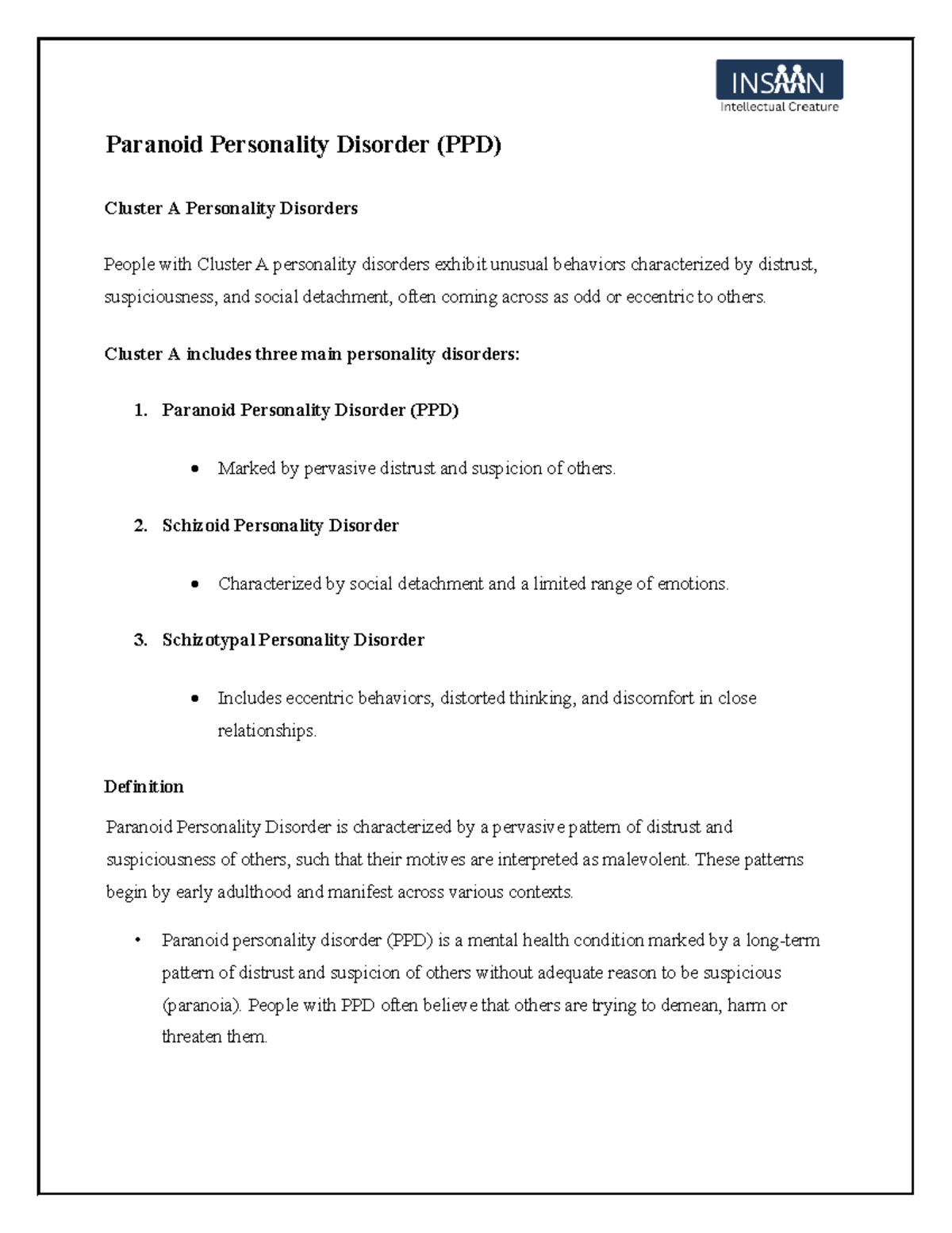 Paranoid Personality Disorder (PPD) Overview and Key Insights - Studocu