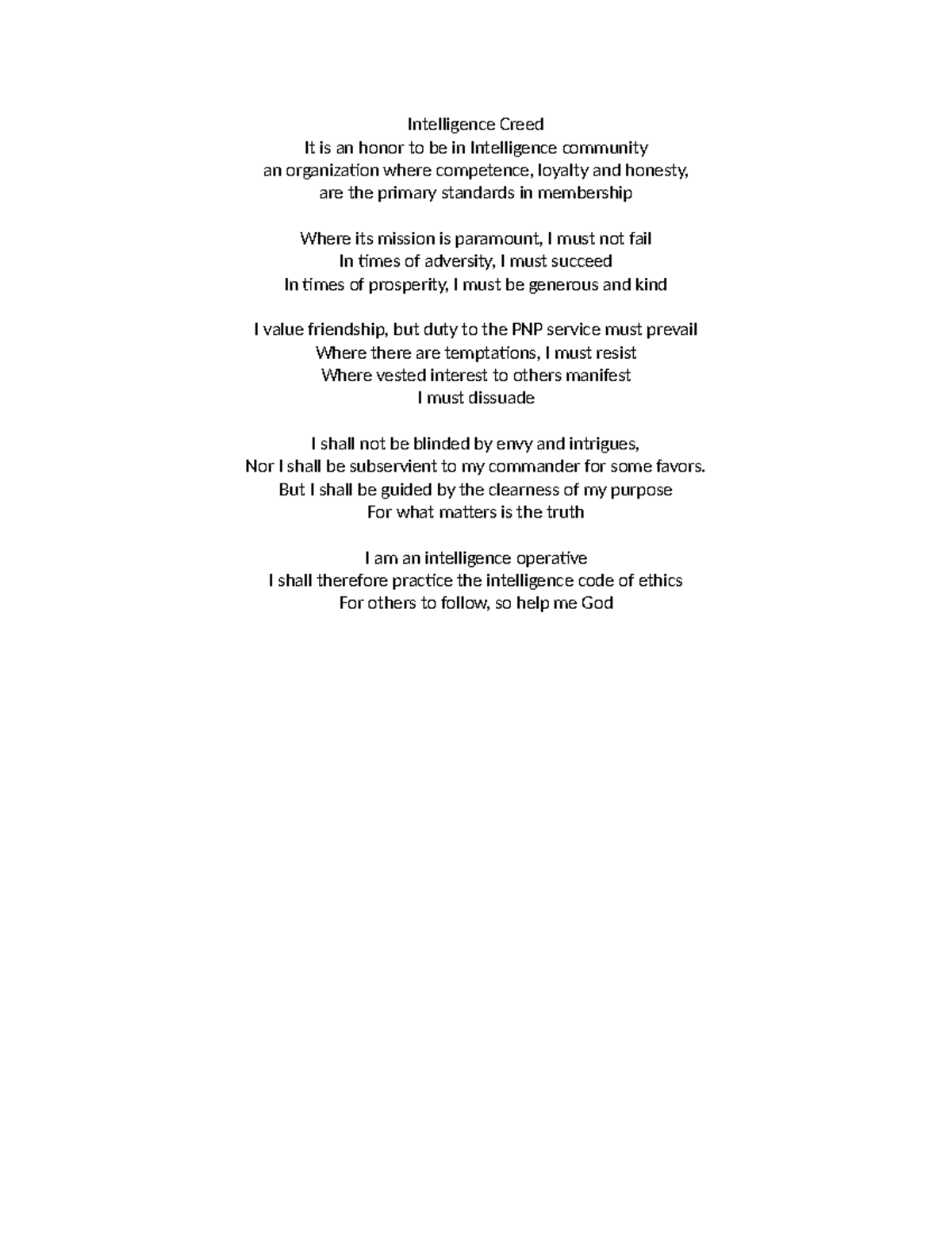 Intelligence Creed: Code of Ethics for Operatives - COT - Studocu