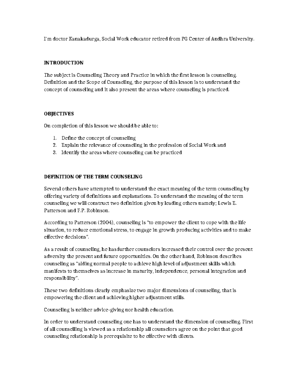 Definition and Scope of Counseling: SW 101 Lecture Notes - Studocu