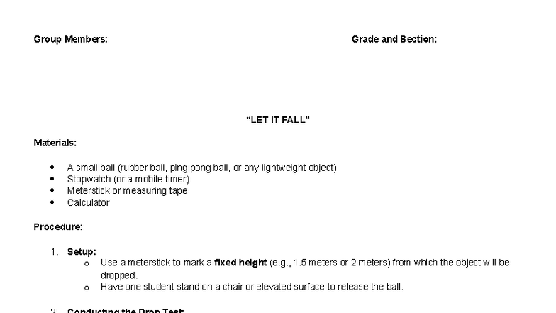 VER ACC Worksheet - Problem Solving: Gravity Drop Test - Studocu