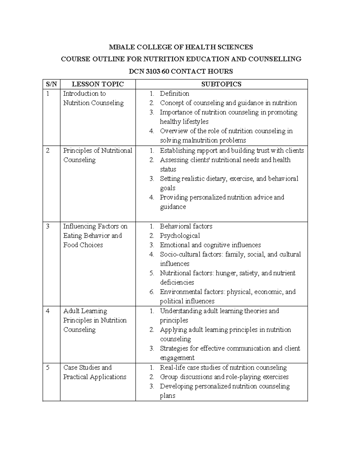 Course Outline for Nutrition Education & Counseling DCN 3103 - Studocu
