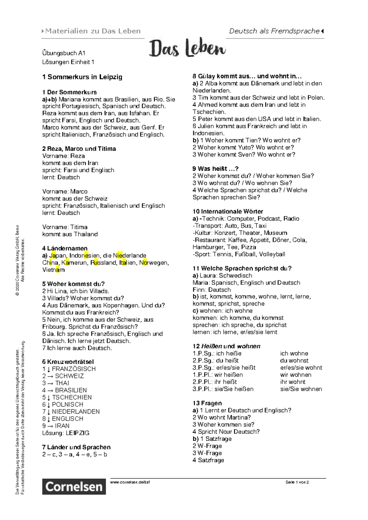 Lösungen zu "Das Leben Deutsch als Übungsbuch A1" - Einheit 1 bis 15 ...