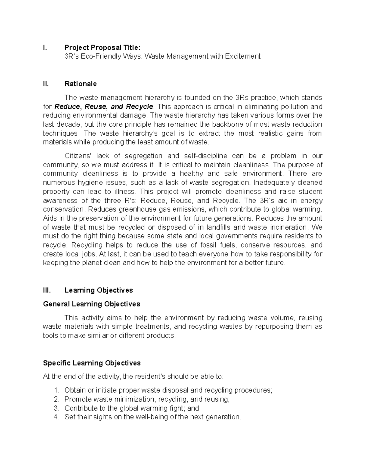Project Proposal LTS - Eco-Friendly Waste Management 3Rs - Studocu