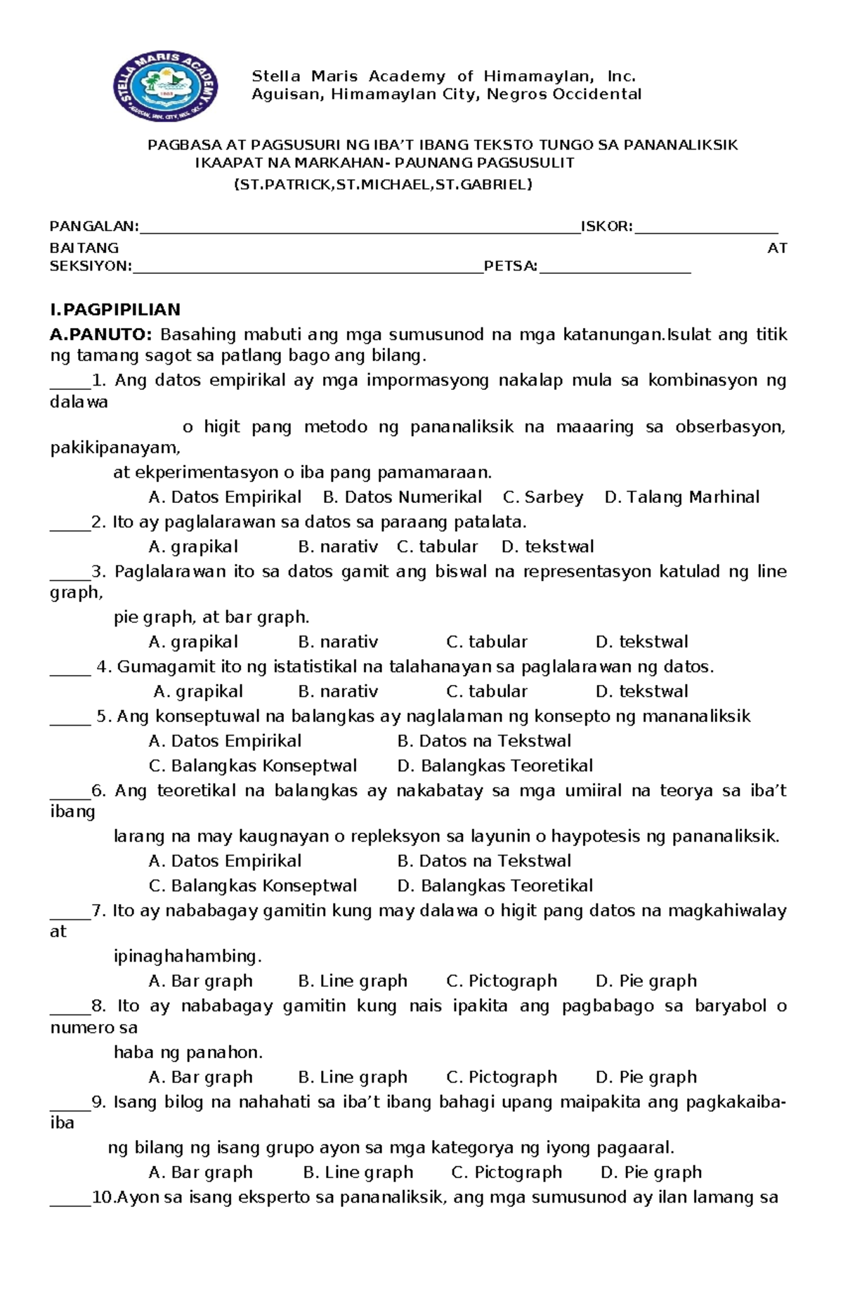 4TH-EXAM Pagbasa - exam health and fili 10 - Stella Maris Academy of ...